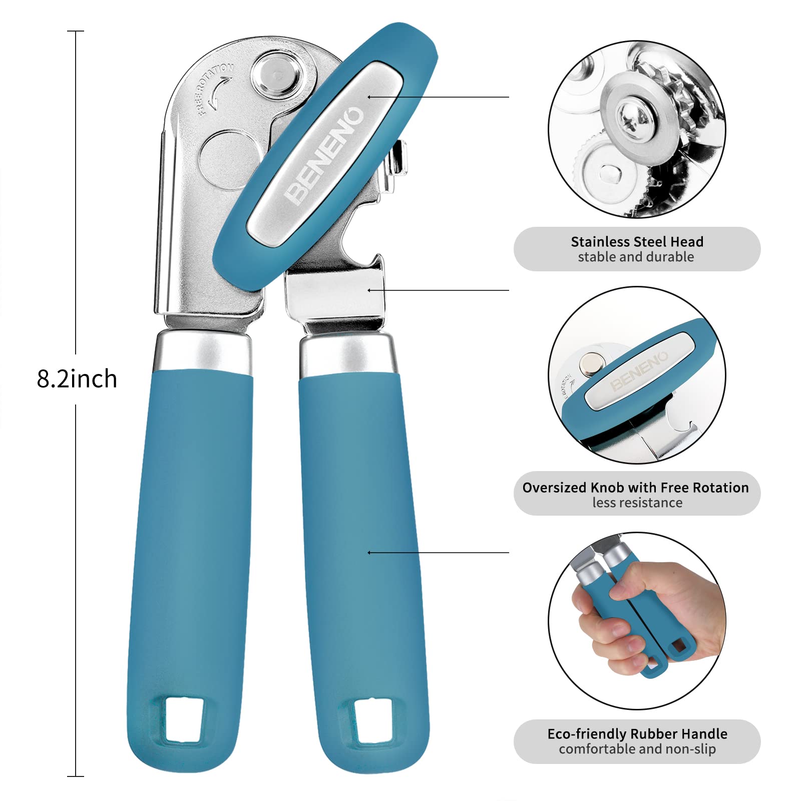 Can Opener Manual, Can Opener with Magnet, Hand Can Opener with Sharp Blade Smooth Edge, Handheld Can Openers with Big Effort-Saving Knob, Can Opener with Multifunctional Bottles Opener, Aqua