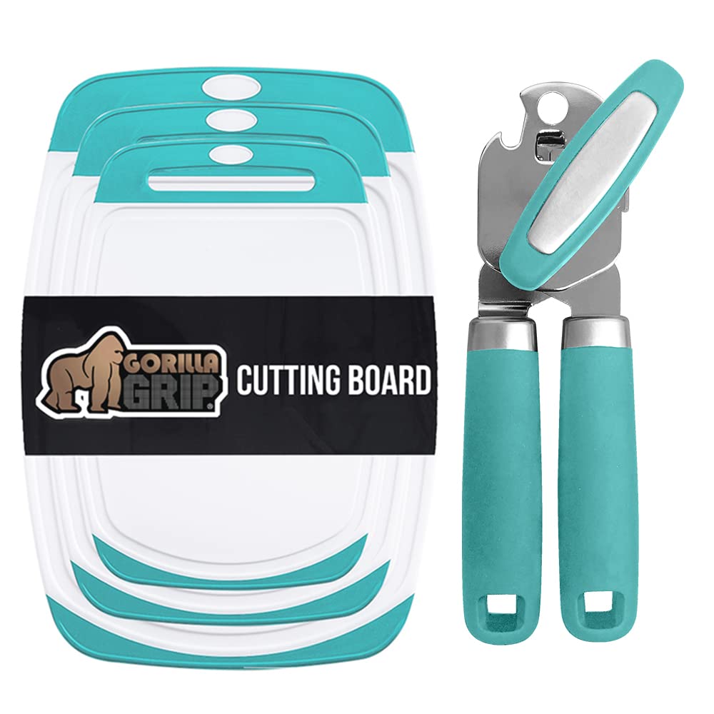 Gorilla Grip Cutting Boards Set of 3 and Manual Can Opener, Cutting Boards Are Slip Resistant, Can Opener Includes Built in Bottle Opener, Both in Turquoise Color, 2 Item Bundle