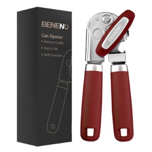 can opener manual, can opener with magnet, hand can opener with sharp blade smooth edge, handheld can openers with big effort-saving knob, can opener with multifunctional bottles opener, red