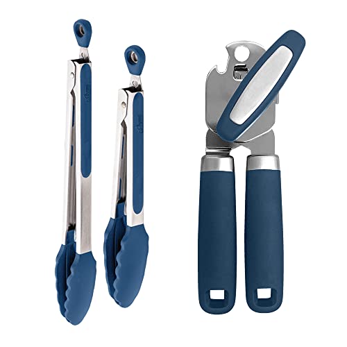 Gorilla Grip Silicone Tongs Set of 2 and Manual Can Opener, Silicone Tongs Are 9 and 12 Inch, Can Opener Includes Built in Bottle Opener, Both in Blue Color, 2 Item Bundle