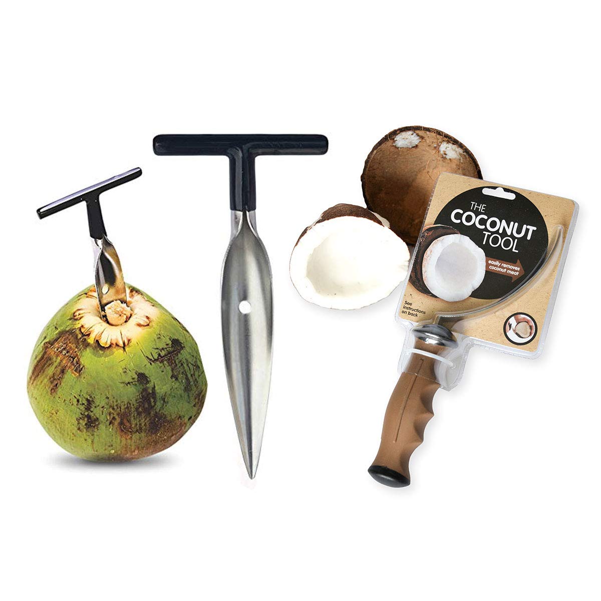 Coconut Opener Tool – Stainless Steel Coconut Meat Removal & Tap Opener Set – Practical & User-Friendly – Compatible with Peeled Thai Young White & Green Coconuts