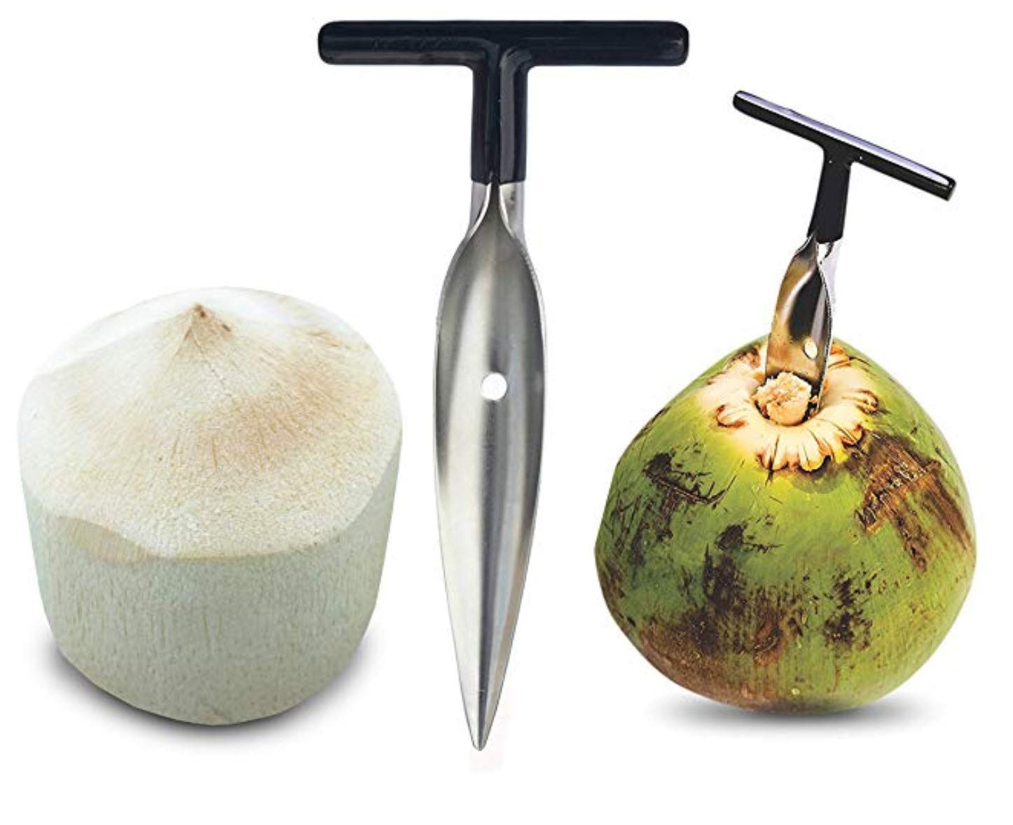 Coconut Opener Tool – Stainless Steel Coconut Meat Removal & Tap Opener Set – Practical & User-Friendly – Compatible with Peeled Thai Young White & Green Coconuts