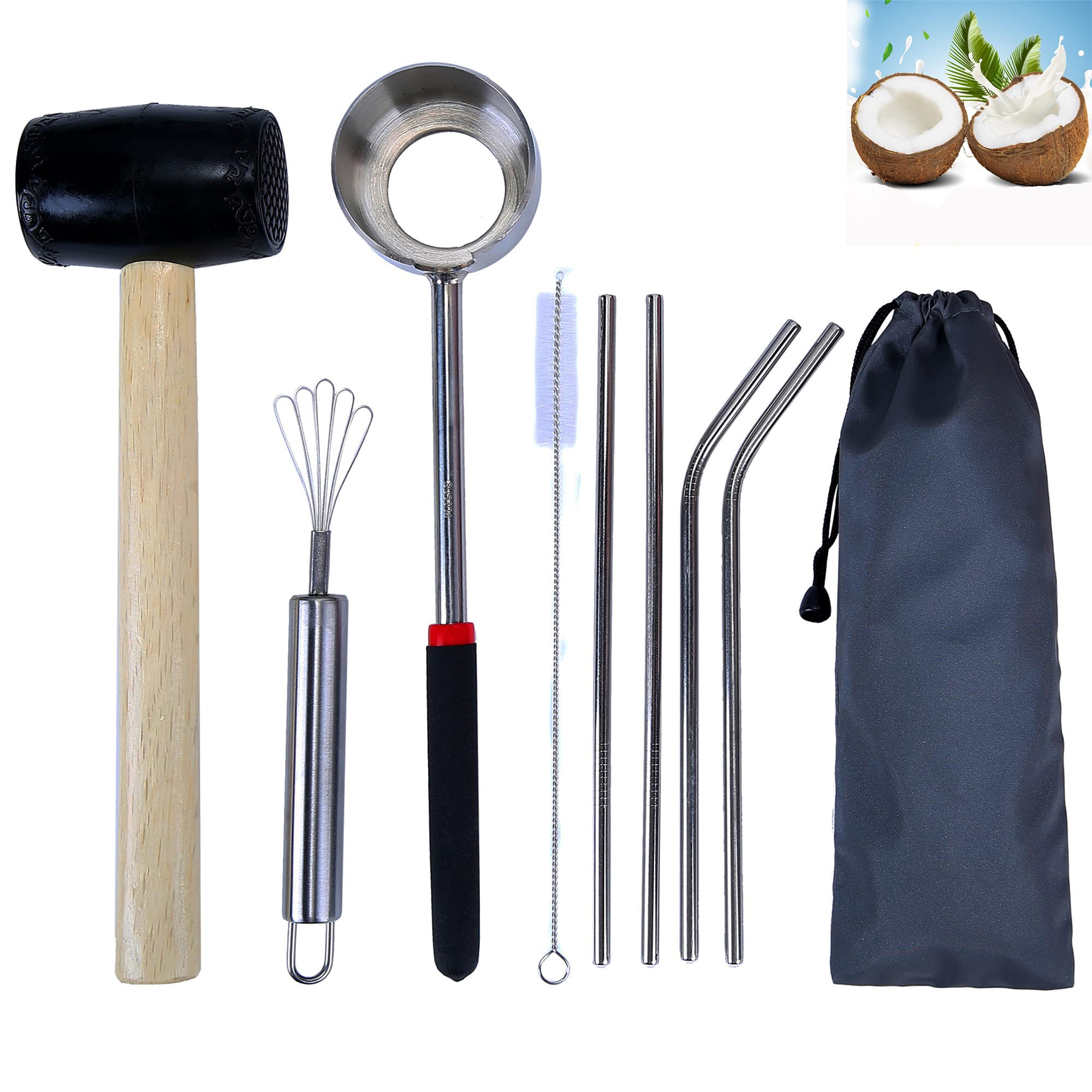 Coconut Opener Set for Young Coconut Opener Kit, Premium Food Safe Stainless Steel Coconut Opener Tool & Hammer – Coconut Meat Remover & Straws & Brush & Silicone Mat - ALL IN ONE Carry Bag