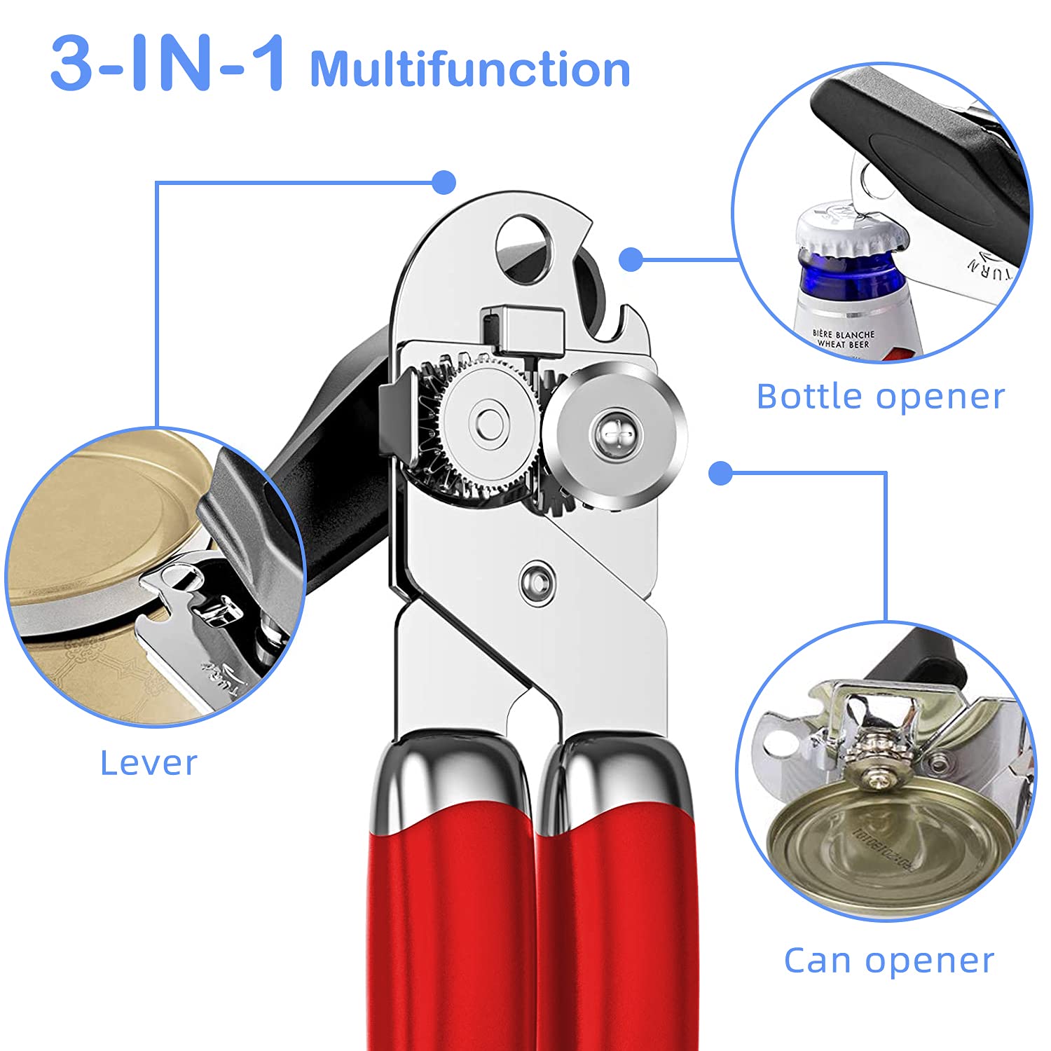 Can Opener, Tin opener Manual Can Opener Stainless Steel Jar Openers Heavy Duty Handheld Bottle Opener Kit Manual-Can-Openers Kitchen Tools for Beer/Tin/Bottle/Cans (Red)