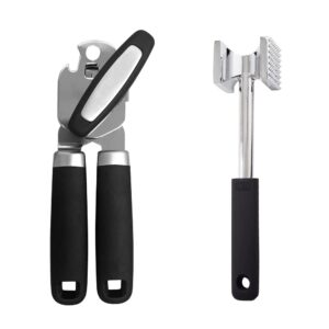 gorilla grip hand held can opener and meat tenderizer, large lid openers rust proof, heavy duty meat tenderizer soft grip handle, both in black, 2 item bundle