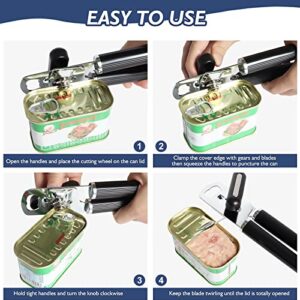 Can Opener Manual, Vertical Grain Non-slip Soft Handle Stainless Steel Handheld Can Opener, Can Opener with Ergonomic Hand Grip and Larger Turning Knob, Built in Bottle Opener