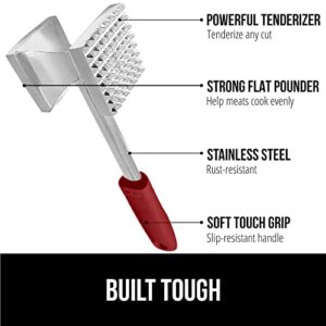 Gorilla Grip Hand Held Can Opener and Meat Tenderizer, Large Lid Openers Rust Proof, Heavy Duty Meat Tenderizer Soft Grip Handle, Both in Red, 2 Item Bundle