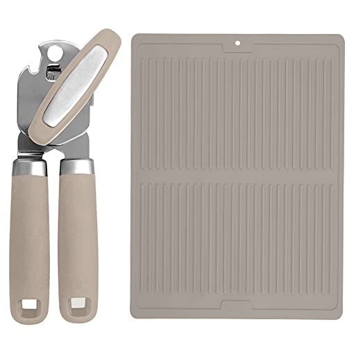 Gorilla Grip Manual Can Opener and Silicone Dish Drying Mat, Can Opener Includes Built-In Bottle Opener, Dish Drying Mat is 13x11 Inch, Both in Almond Color, 2 Item Bundle