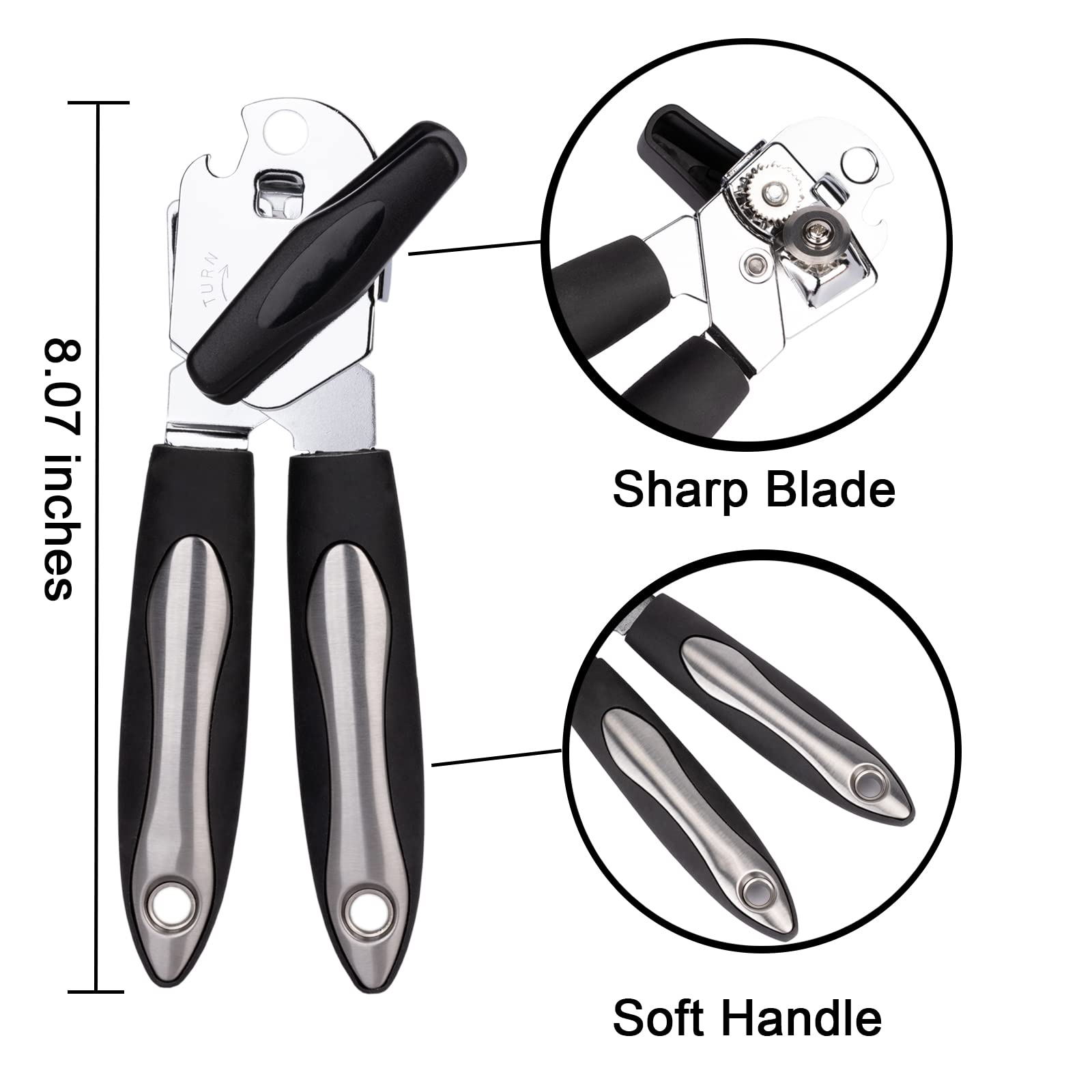 Obsoorth Manual Can Opener Smooth Edge Good Grips Stainless Steel Rust Proof Sharp Blade Heavy Duty Can Top Remover for Seniors with Arthritis and One handed Person, Black