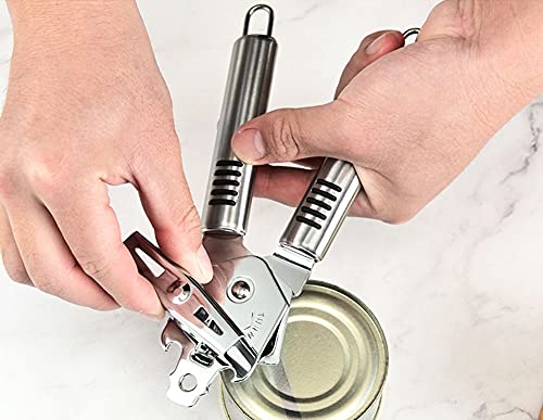 Can Opener, Kitchen Stainless Steel Heavy Duty Can Opener Manual Smooth Edge Durable Food Safe Cut 3-in-1 Tin Beer Jar Bottle Opener Hand Grip for Seniors with Arthritis Hands Friendly