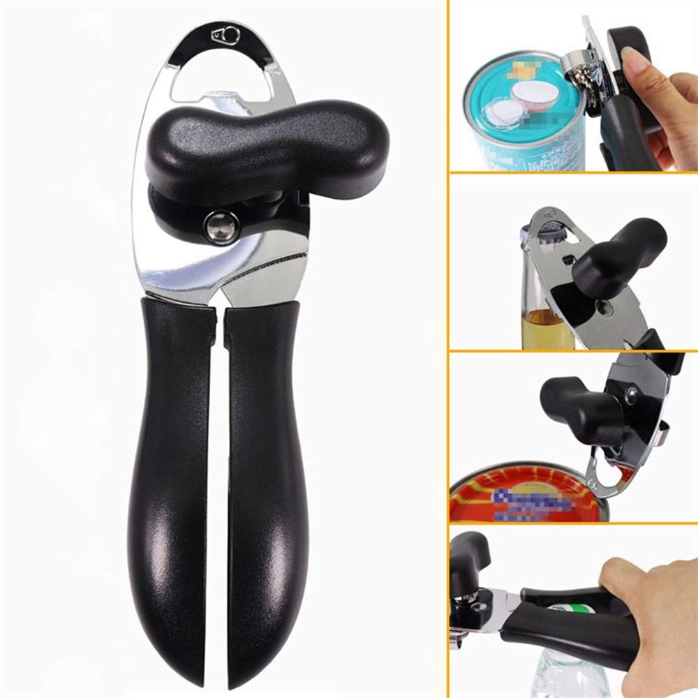 Can Opener Manual Handheld Duty Hand Can Opener Smooth Edge Comfortable Grip Safety Can Openers, Easy Turn Knob, Sharp Cutting Wheel, Built in Bottle Opener, Black