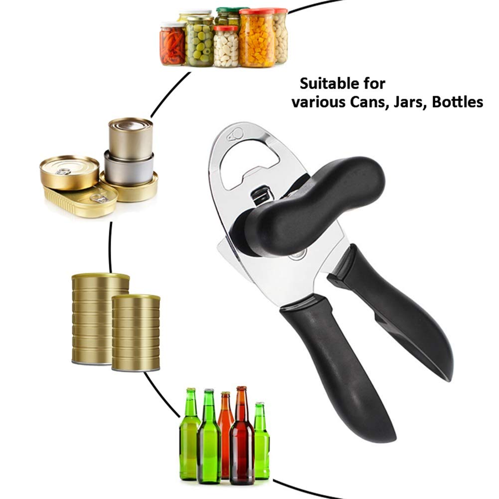 Can Opener Manual Handheld Duty Hand Can Opener Smooth Edge Comfortable Grip Safety Can Openers, Easy Turn Knob, Sharp Cutting Wheel, Built in Bottle Opener, Black