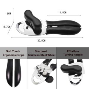 Can Opener Manual Handheld Duty Hand Can Opener Smooth Edge Comfortable Grip Safety Can Openers, Easy Turn Knob, Sharp Cutting Wheel, Built in Bottle Opener, Black