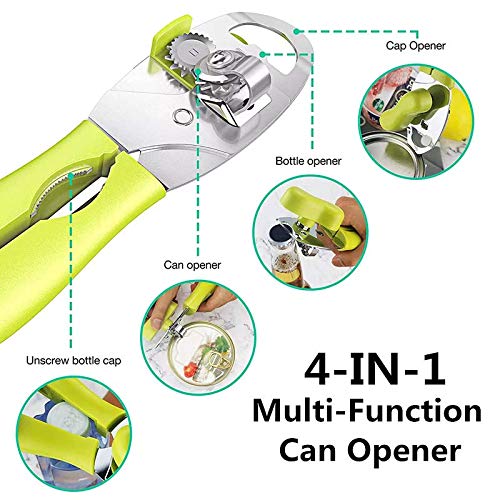 Can Opener, Can Openers Hand Held, 4 in 1 Smooth Edge Hand Held Bottle Opener, Professional Heavy Duty Beer Can Opener Ultra Sharp Food Safe Jar Opener Multifunctional Tin Opener with Easy Turn Knob