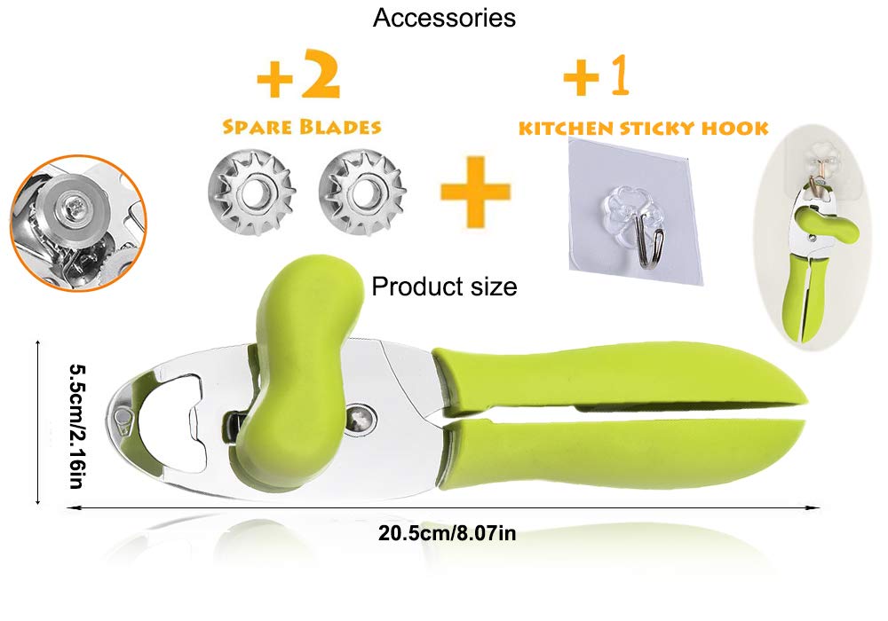 ThxMadam Manual Can Opener Smooth Edge, Kitchen Can Openers Stainless Steel Can Opener,Easy Turn Knob Handheld Can Opener with 2 Spare Blades