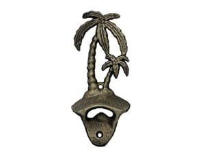 rustic gold cast iron wall mounted palm tree bottle opener 6" - coastal home de