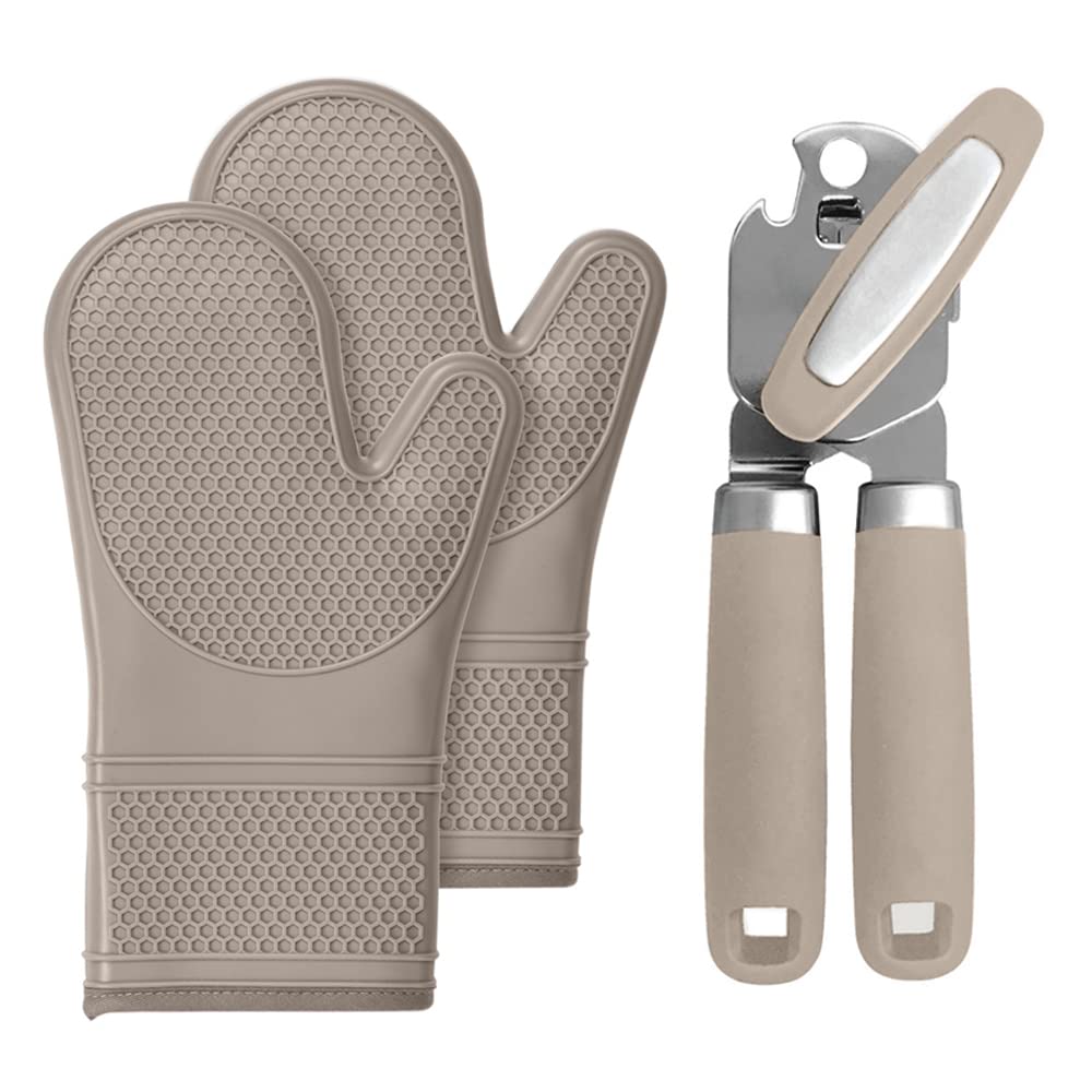 Gorilla Grip Silicone Oven Mitts and Manual Can Opener, Silicone Oven Mitts are 12.5 Inch, Can Opener Includes Built in Bottle Opener, Both in Almond Color, 2 Item Bundle