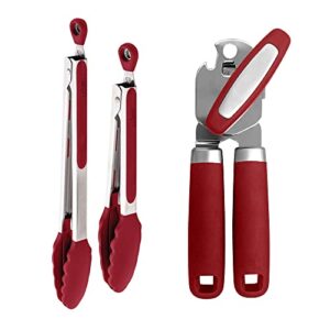 gorilla grip silicone tongs set of 2 and manual can opener, silicone tongs are 9 and 12 inch, can opener includes built in bottle opener, both in red color, 2 item bundle