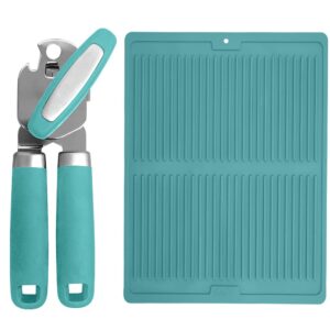 gorilla grip manual can opener and silicone dish drying mat, can opener includes built-in bottle opener, dish drying mat is 13x11 inch, both in turquoise color, 2 item bundle