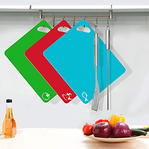 Kitchen Plastic Cutting Board Set - Extra Thick Flexible Cutting Mat for Cooking, Non-Slip Chopping Board with Colored Food Icons & Easy-Grip Handles, Dishwasher Safe, Set of 4