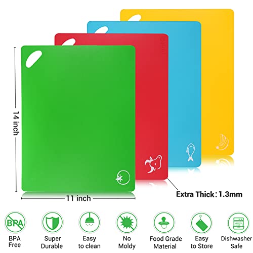 Kitchen Plastic Cutting Board Set - Extra Thick Flexible Cutting Mat for Cooking, Non-Slip Chopping Board with Colored Food Icons & Easy-Grip Handles, Dishwasher Safe, Set of 4