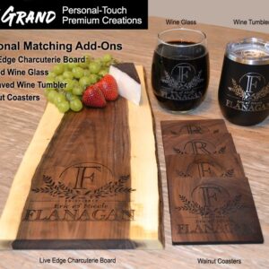 Personalized Cutting Board Wedding Gift – Walnut Live Edge Wood Customized Monogramed Bride Groom Unique Engraved Rustic Elegance Display Newlywed Couple Parents Anniversary Housewarming Christmas