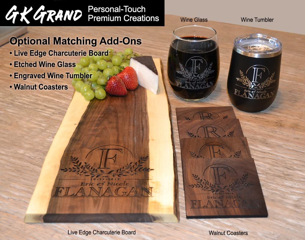 Personalized Cutting Board Wedding Gift – Walnut Live Edge Wood Customized Monogramed Bride Groom Unique Engraved Rustic Elegance Display Newlywed Couple Parents Anniversary Housewarming Christmas