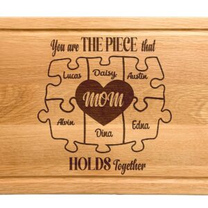 Personalized Mom You Are the Piece that Holds Us Together Puzzle Cutting Board, Custom Mom Cutting Board with Kids Names, Customized Mother's Day, Birthday Gifts for Mom, Grandma Gifts from Grandkids