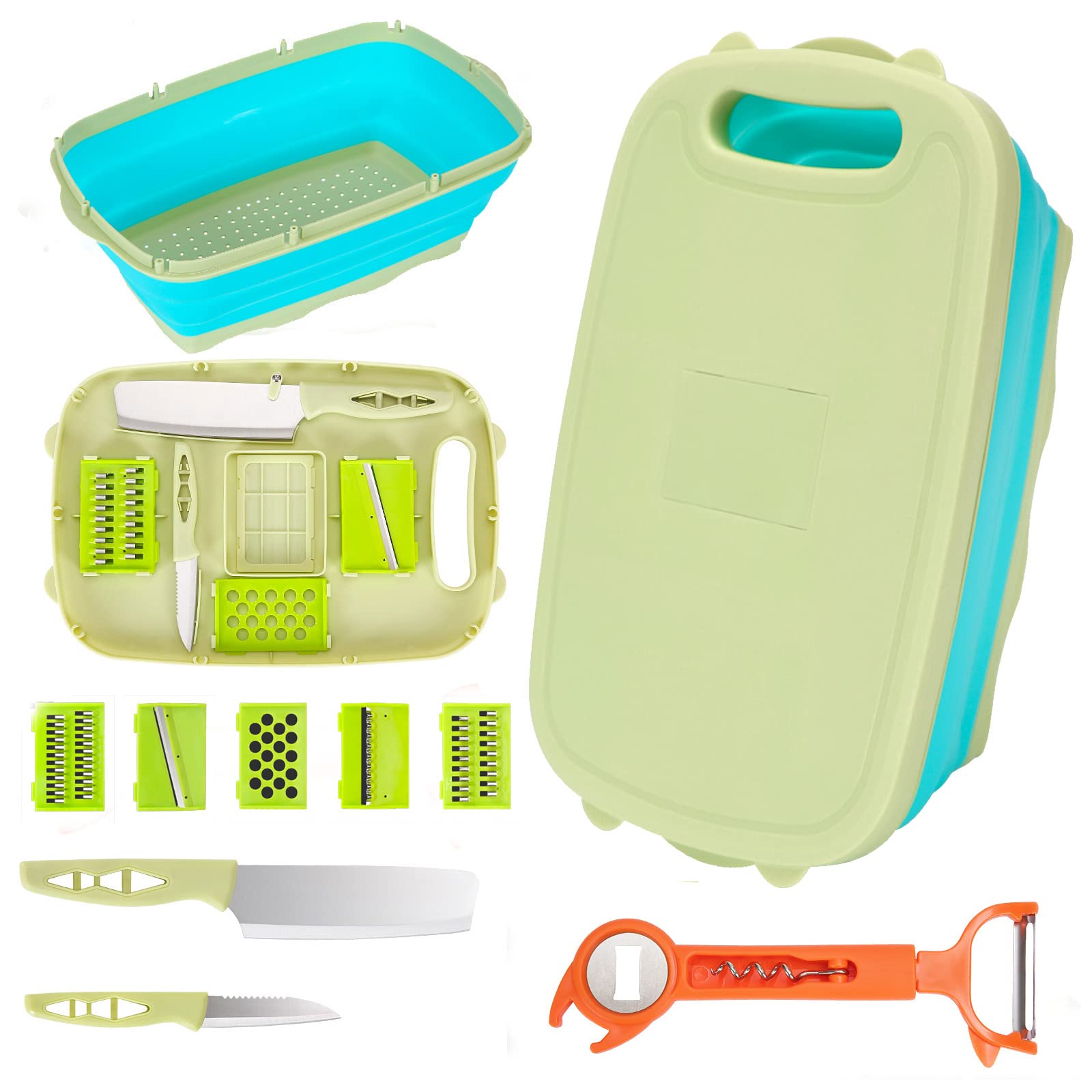 AOFUXTI Collapsible Cutting Board - Camping Cooking Utensil Set 10 in 1 Picnic BBQ RV Camper Accessiors Home Kitchen Kim Washing Dishes, Multi-Function Slicer Medium Green