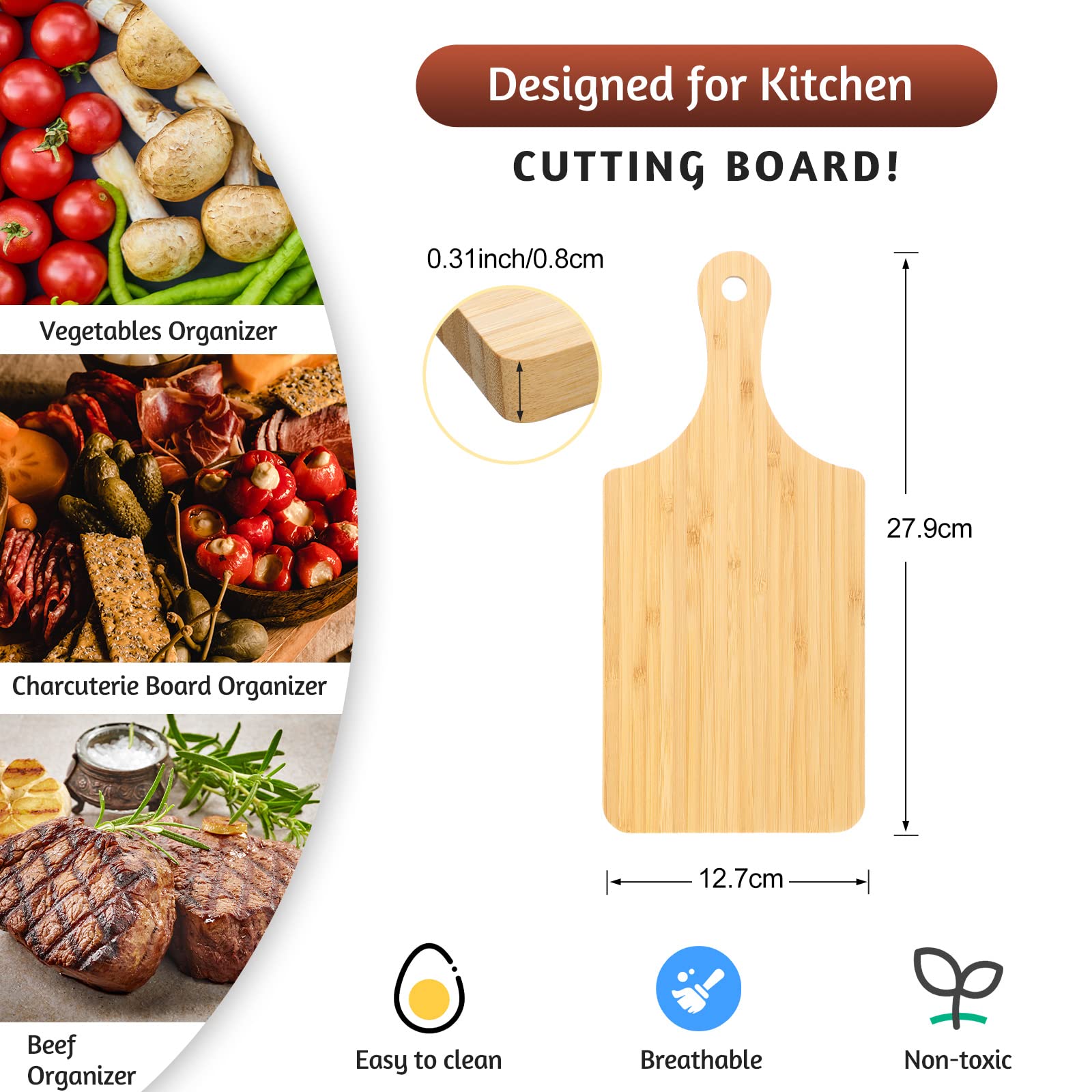 12 Pcs Bulk Cutting Board Wood Chopping Board Laser Engraving Serving Board Charcuterie Boards for Customized Mother's Day Wedding Housewarming Gift (With Handle,Bamboo)