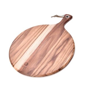 bill.f acacia wood pizza peel,12” cutting board, cheese paddle board, bread and crackers platter for serving and minor food prepare with handle - 16 x 12 x 0.5 inch