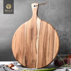 BILL.F Acacia Wood Pizza Peel,12” Cutting Board, Cheese Paddle Board, Bread and Crackers Platter for Serving and Minor Food Prepare with Handle - 16 x 12 x 0.5 Inch