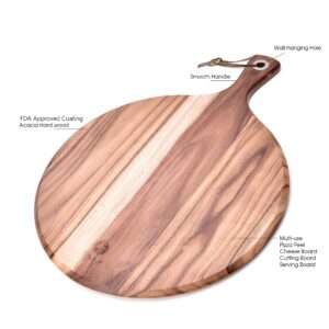 BILL.F Acacia Wood Pizza Peel,12” Cutting Board, Cheese Paddle Board, Bread and Crackers Platter for Serving and Minor Food Prepare with Handle - 16 x 12 x 0.5 Inch