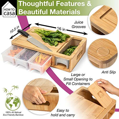 Bamboo Cutting Board with Containers for Storage - Zero-Mess Meal Prep Station