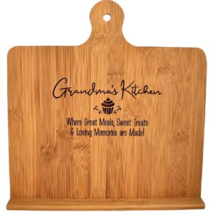 Grandma Recipe Cookbook Holder Stand Gift - Custom Engraved Bamboo Cutting Board Foldable Chef Easel Metal Hinges Kickstand iPad Tablet Compatible Christmas Birthday Kitchen Decor Design (10.25x10.25)