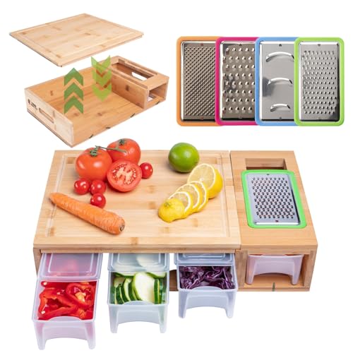 Bamboo Cutting Board With Containers - Meal Prep Station With Removable Top, Kitchen Boards & Food Storage Tray With Lids, Home Prepdeck Marble & Veggie Shredder Wood Prepboard Deck Slide Drawer Bins