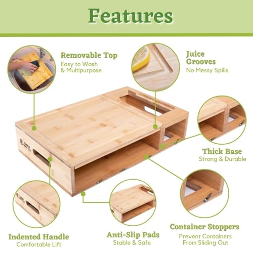 Bamboo Cutting Board With Containers - Meal Prep Station With Removable Top, Kitchen Boards & Food Storage Tray With Lids, Home Prepdeck Marble & Veggie Shredder Wood Prepboard Deck Slide Drawer Bins