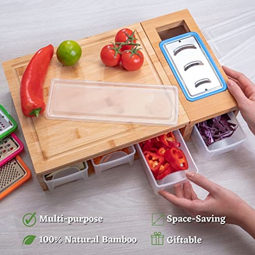 Bamboo Cutting Board With Containers - Meal Prep Station With Removable Top, Kitchen Boards & Food Storage Tray With Lids, Home Prepdeck Marble & Veggie Shredder Wood Prepboard Deck Slide Drawer Bins