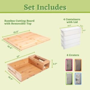 Bamboo Cutting Board With Containers - Meal Prep Station With Removable Top, Kitchen Boards & Food Storage Tray With Lids, Home Prepdeck Marble & Veggie Shredder Wood Prepboard Deck Slide Drawer Bins