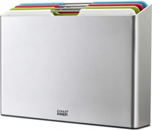 joseph joseph folio plastic kitchen cutting board set with storage case color-coded easy-access design dishwasher safe non-slip, large, silver