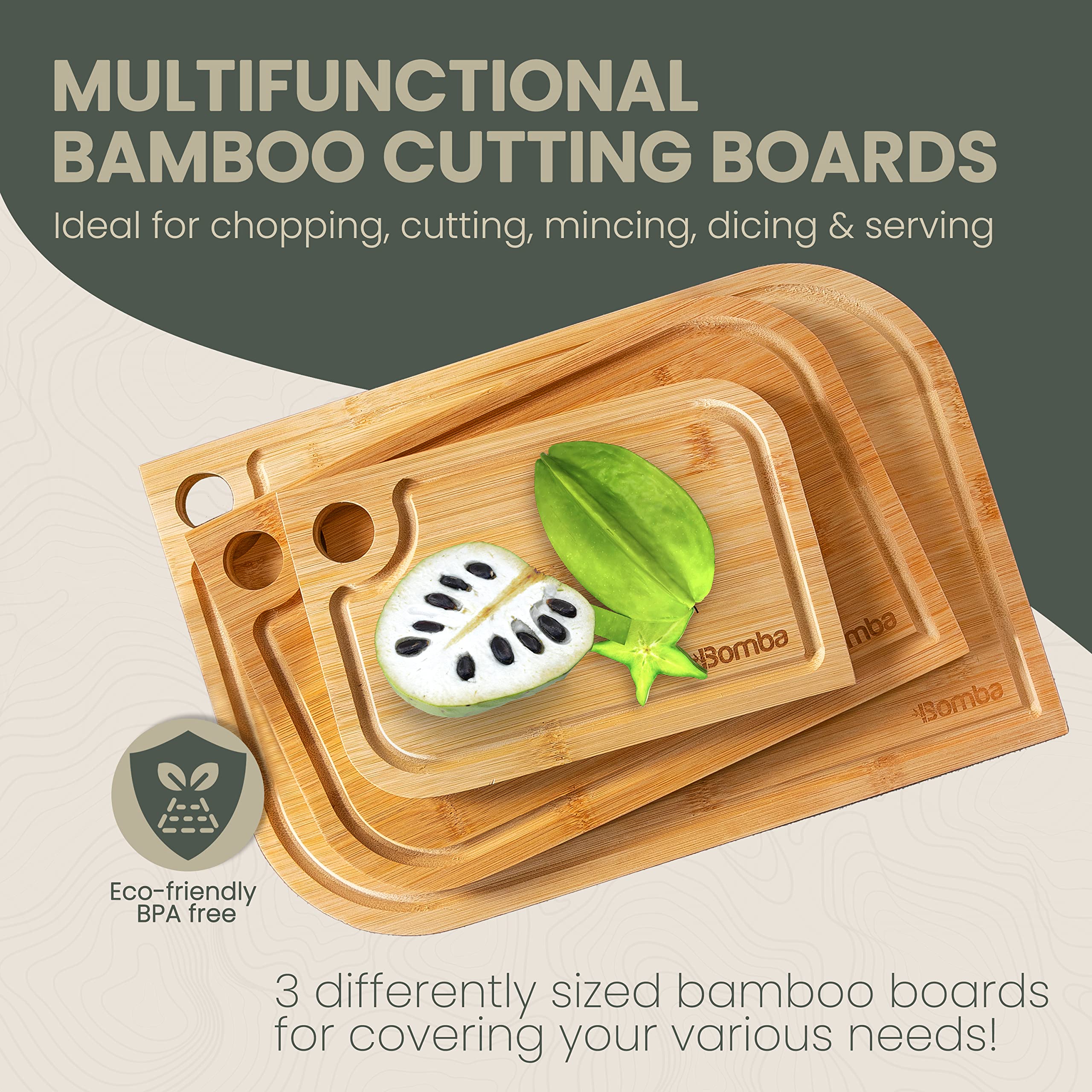 BOMBA Cutting Board Set of 3 – Premium Charcuterie Board for Cutting, Chopping, Serving – Natural Bamboo Cutting Board – Practical and Durable – Easy to Wash – Eco-Friendly and Non-BPA