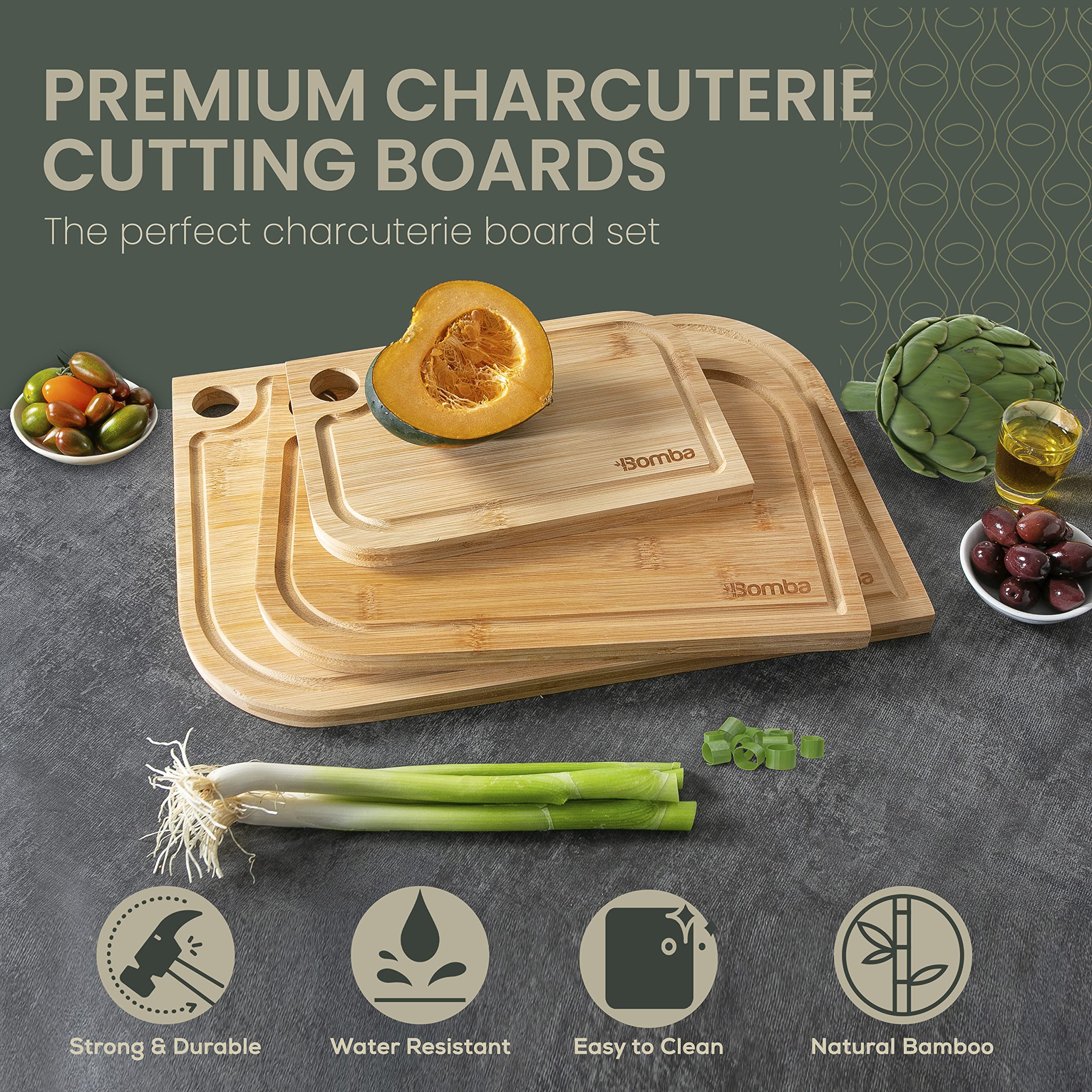 BOMBA Cutting Board Set of 3 – Premium Charcuterie Board for Cutting, Chopping, Serving – Natural Bamboo Cutting Board – Practical and Durable – Easy to Wash – Eco-Friendly and Non-BPA