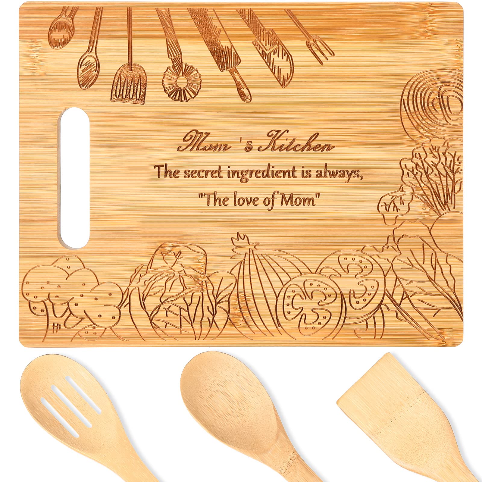 4 Pcs Wooden Cutting Board Spoons Utensils Set, Gifts for Mom Mothers Day Birthday Gifts 11 x 8.7 Inch Bamboo Cutting Board Spoons for Mom with Saying Mom's Kitchen Secret Is Love