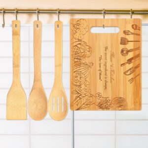 4 Pcs Wooden Cutting Board Spoons Utensils Set, Gifts for Mom Mothers Day Birthday Gifts 11 x 8.7 Inch Bamboo Cutting Board Spoons for Mom with Saying Mom's Kitchen Secret Is Love