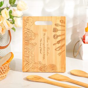 4 Pcs Wooden Cutting Board Spoons Utensils Set, Gifts for Mom Mothers Day Birthday Gifts 11 x 8.7 Inch Bamboo Cutting Board Spoons for Mom with Saying Mom's Kitchen Secret Is Love