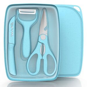 halafe wheat straw kitchen 5pcs small set, bpa free food safe wheat straw pp material, cutting board, tray, scissors, peeler, fruit knife, blue