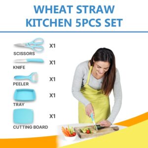 HALAFE Wheat Straw Kitchen 5pcs Small Set, BPA Free Food Safe Wheat straw PP material, Cutting board, Tray, Scissors, Peeler, Fruit knife, Blue