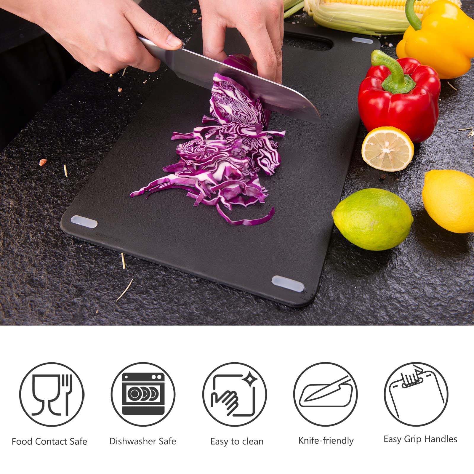 Palaxe Plastic Cutting Boards for kitchen Non-slip with Silicon Feet, Dishwasher Safe Thick Chopping Boards, Grip Handle, Rubber, Easy to Clean for Kitchen, family, Outdoors(Black B)