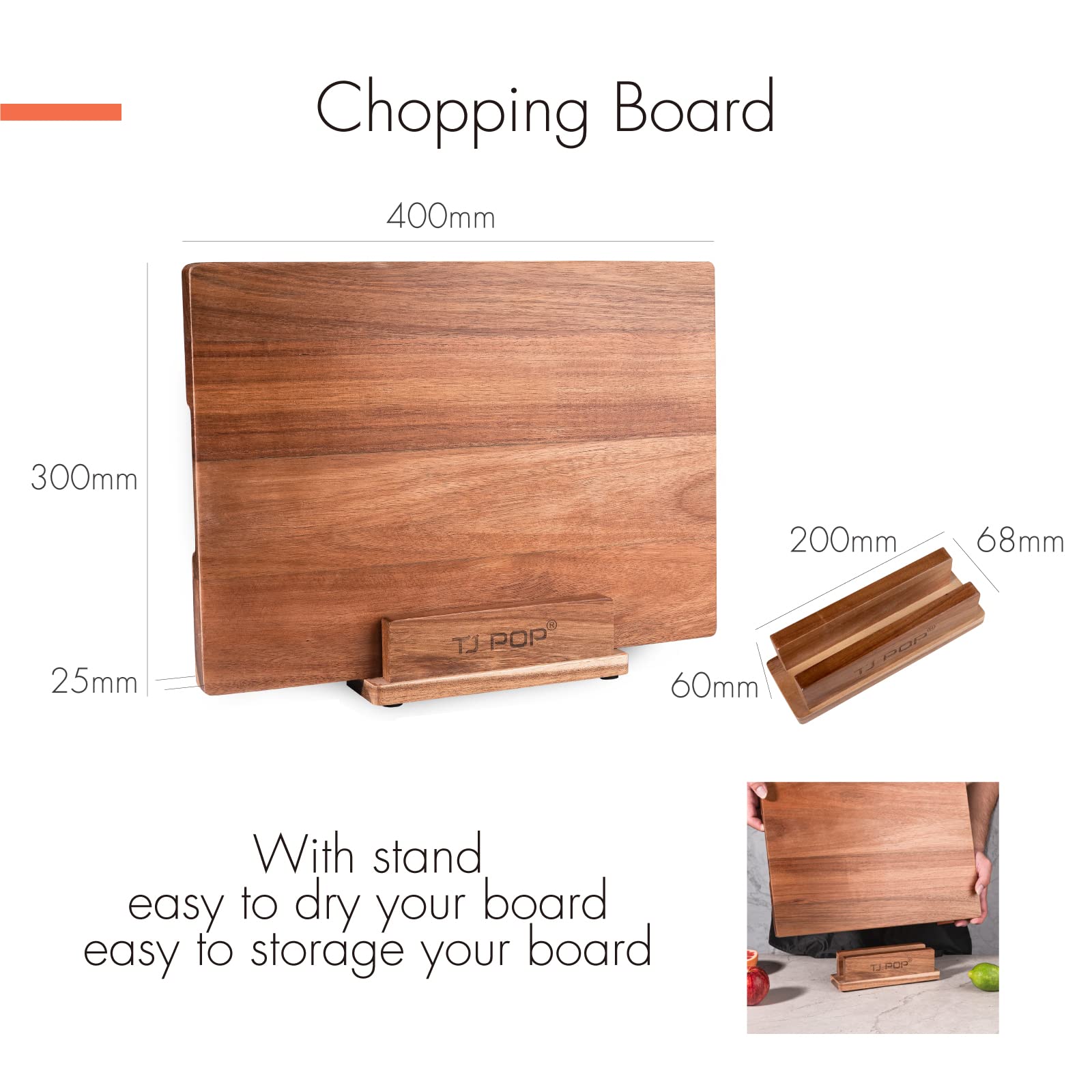 Acacia Wood Cutting Board for Kitchen, TJ POP Premium Chopping Board with Stand Organizer, 15.8 x 11.9 x 1 Inches Large Cheese Serving Board