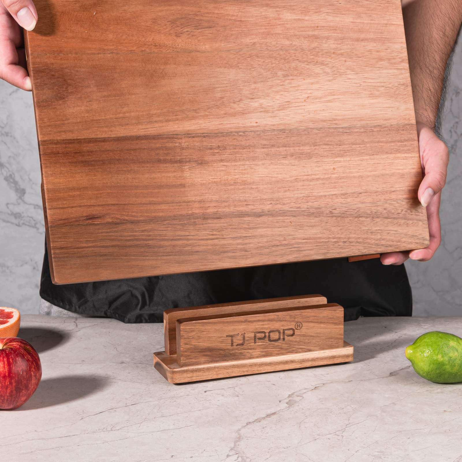 Acacia Wood Cutting Board for Kitchen, TJ POP Premium Chopping Board with Stand Organizer, 15.8 x 11.9 x 1 Inches Large Cheese Serving Board